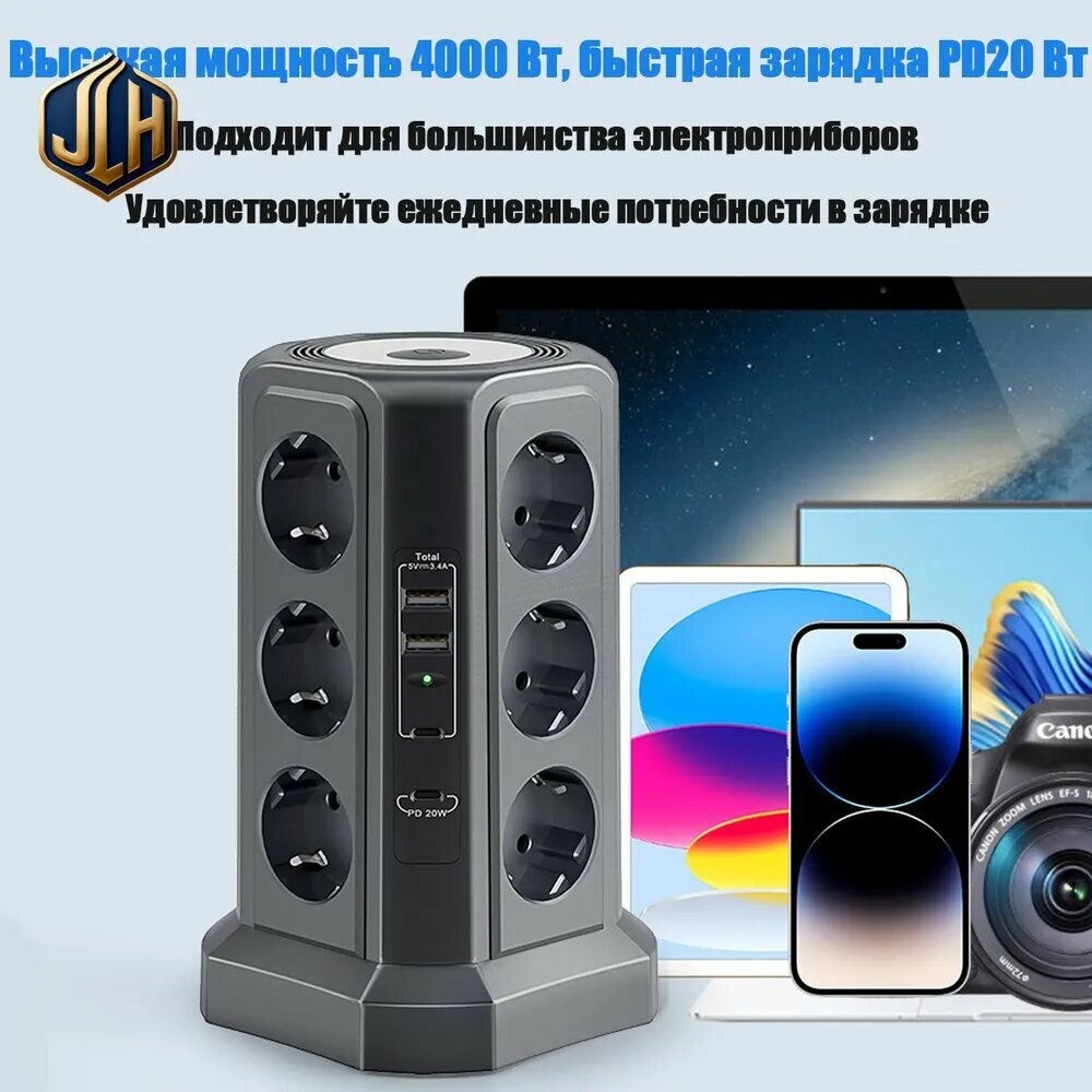 HITRENDS Розетка на 12 разъёмов с 2 USB и 2 Type-C (быстрая зарядка), выключатели, защита от перегрузки, 4000W 16A 250V, огнестойкая и пылезащитная
