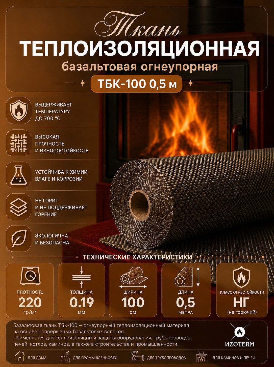 Базальтовая ткань огнеупорная термостойкая, замена асбеста и кремнезёма, негорючий теплоизоляционный материал для печей, каминов и дымоходов 0,5 м