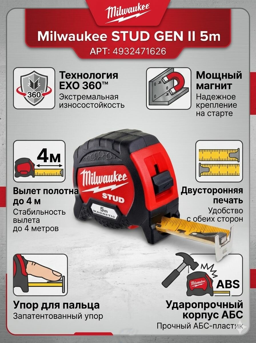 Рулетка Milwaukee STUD 5 м х 33 мм магнитный зацеп двухсторонняя шкала металлическая клипса 4932471626