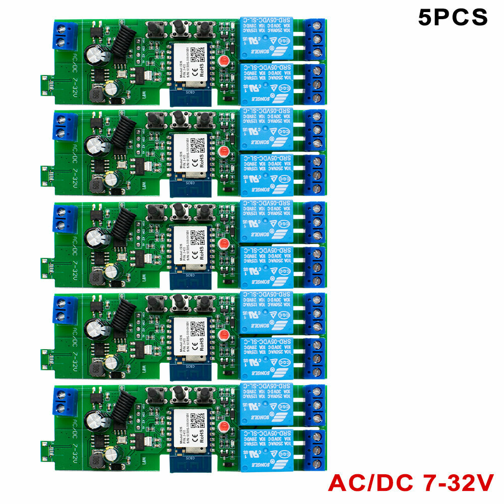 WiFi умное реле, 2 канала, 12V 24V (Wi-Fi Tuya + RF 433 МГц управление) 5 шт
