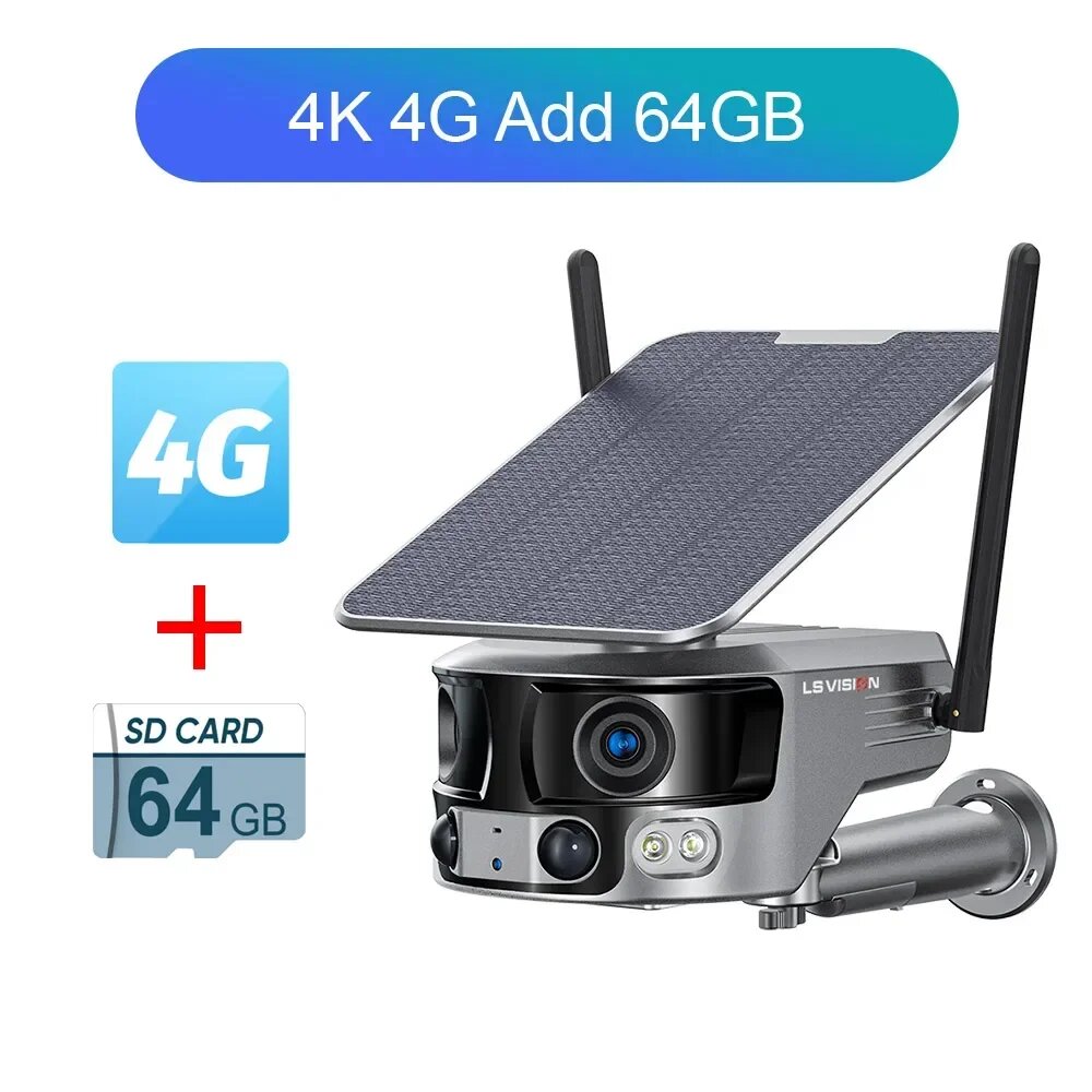 LS VISION 4K 180° Ультраширокоугольная камера видеонаблюдения для улицы с солнечной панелью 4G WIFI с 4-кратным зумом, двойной линзой и ИК-детекцией движения человека CCTV-камера
