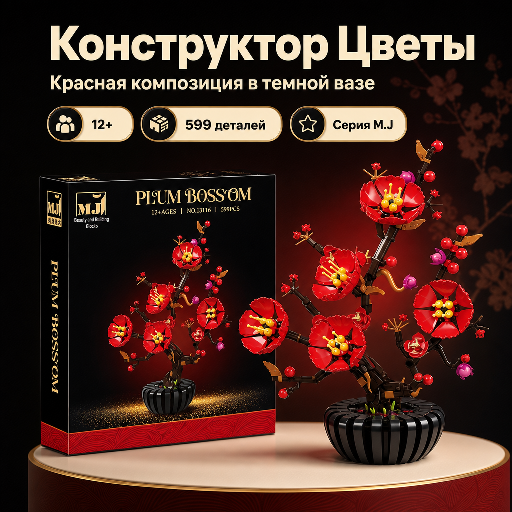 Конструктор цветочная композиция в вазе, 599 деталей, подарок для детей и взрослых