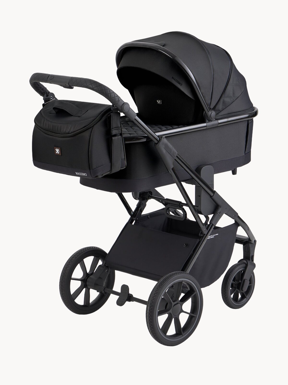 Коляска 2 в 1 для новорожденных SBL Massimo Black с большими колесами