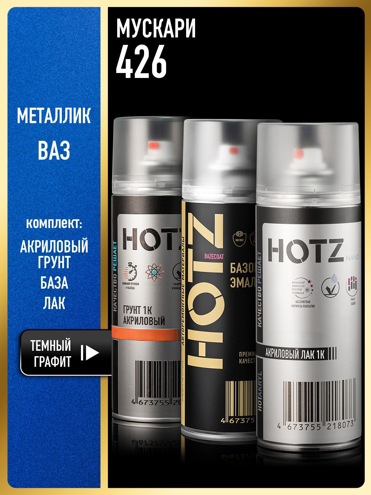 Комплект: (Краска аэрозольная 1K "Мускари 426" металлик 520 мл + Грунт 1К выравнивающий, темный графит, 520 мл + Лак 1К, 520 мл.), HOTZ