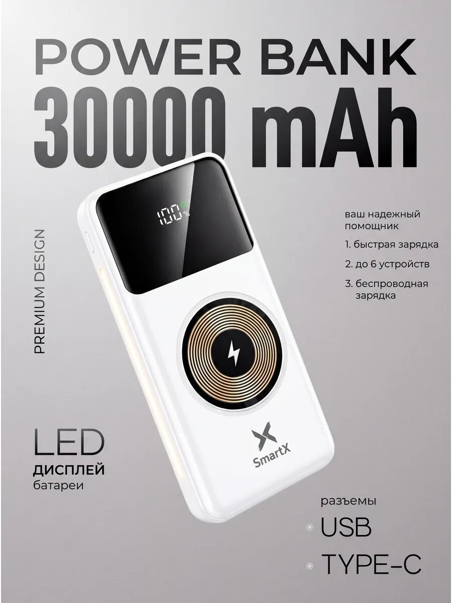 Внешний аккумулятор 30000 мАч с беспроводной зарядкой