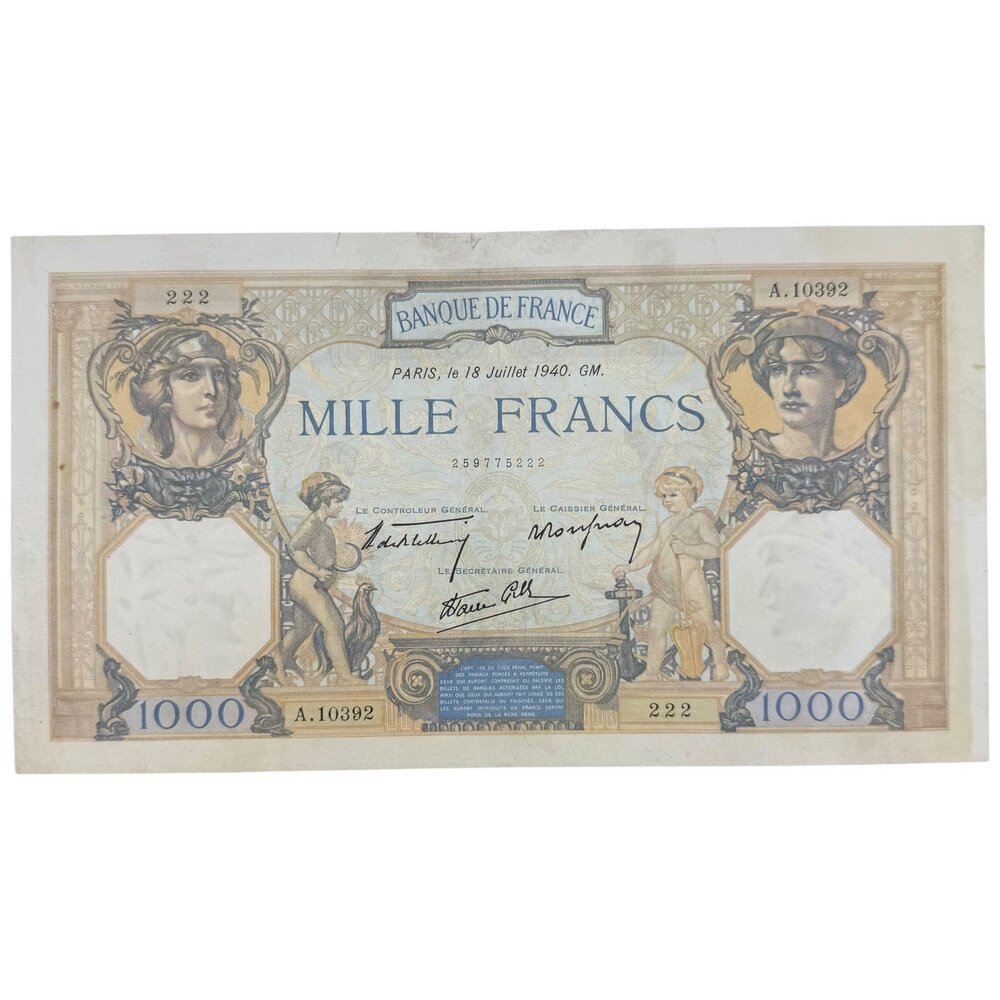 Франция 1000 франков 1940 г. (18.6.1940 GM) (Серия A.10392)