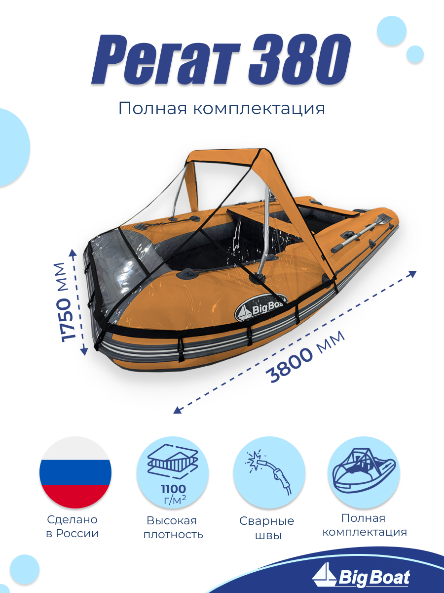 Надувная, под мотор, лодка в полной комплектации (носовой тент, Эва коврик, мягкие накладки) из ПВХ Регат 380 НДНД