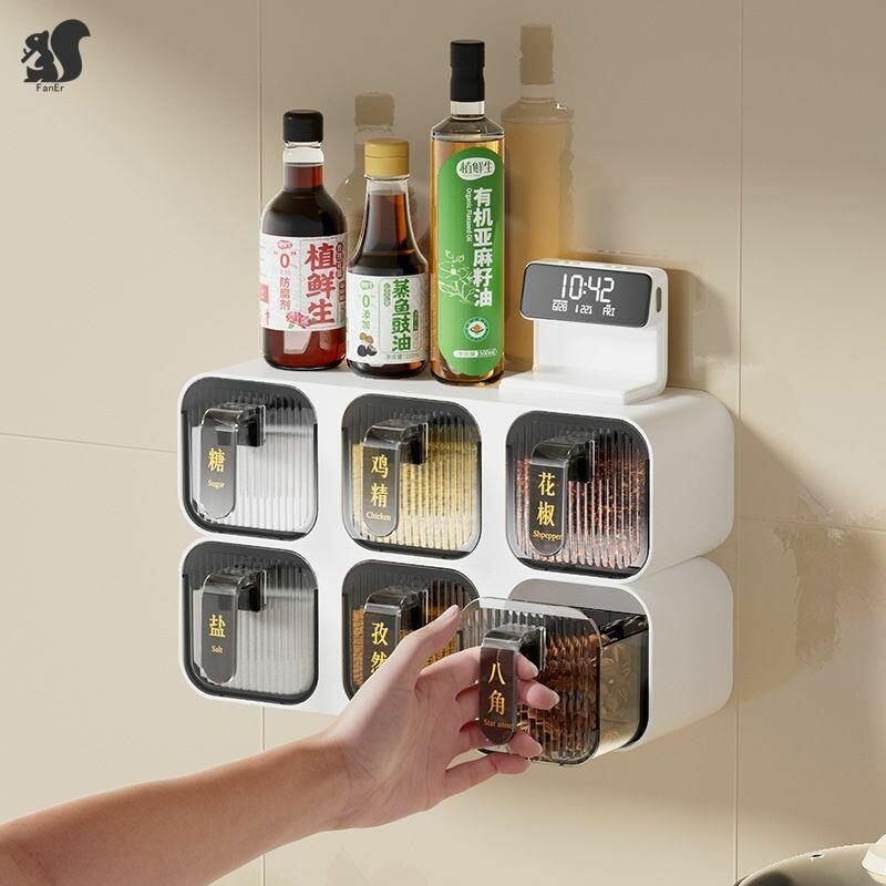 Коробка для хранения специй, настенная коробка для приправ, набор из 6 предметов,8,26,6, белый, прозрачный