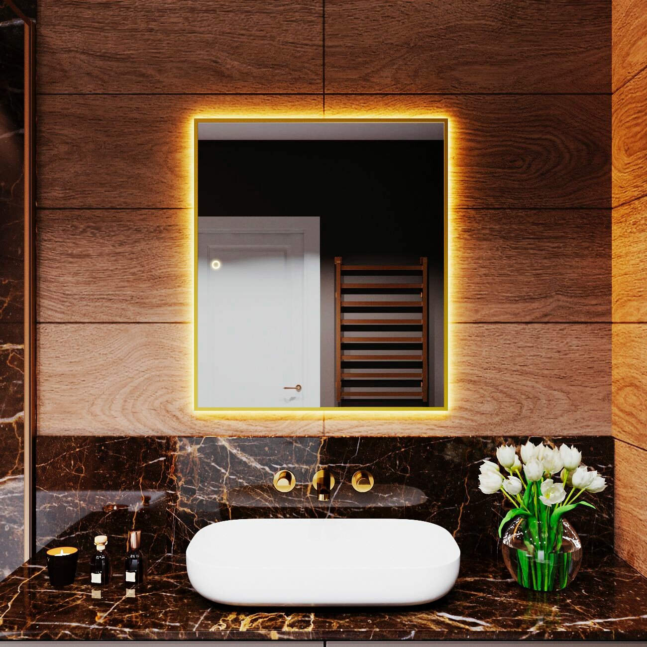 Зеркало с подсветкой в ванную сенсорное MOONRISE 80х60см. Золото