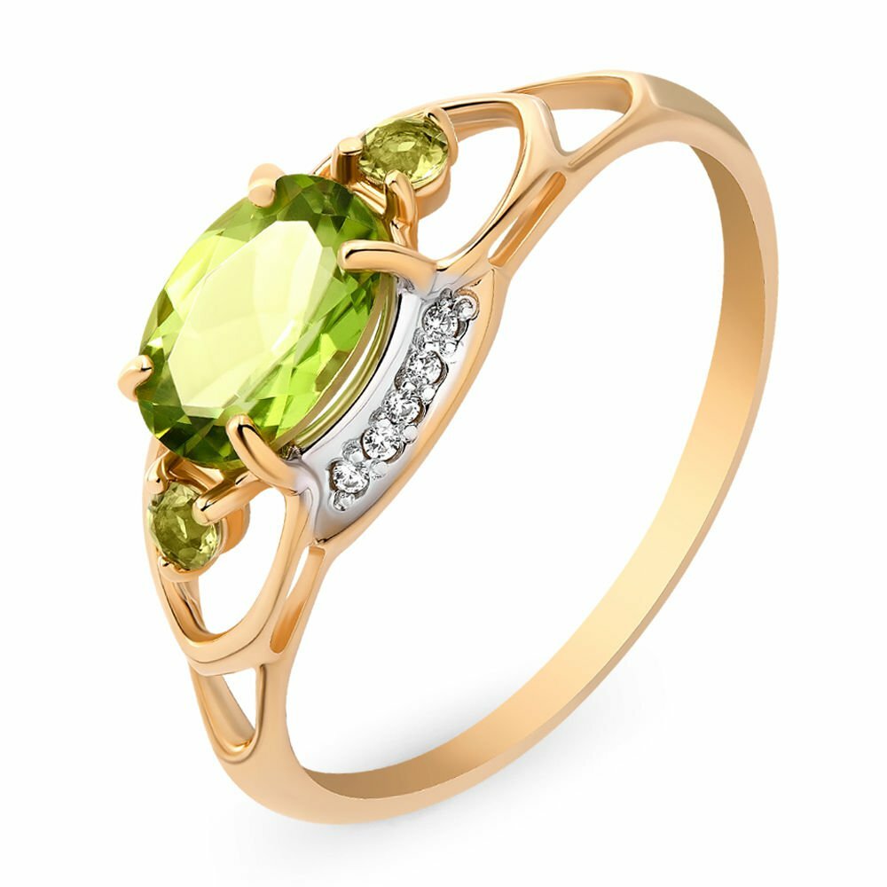 Кольцо, красное золото, 585 проба, родирование, фианит, хризолит