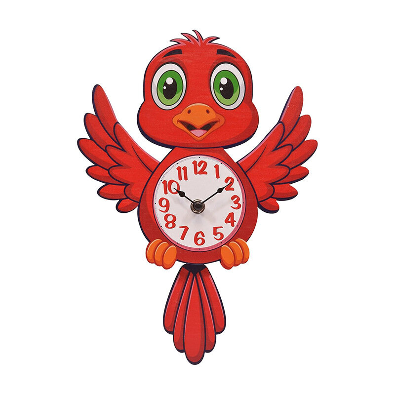 Настенные часы с мультяшным попугаем | Дизайн с красочной красной птицей | Бесшумные кварцевые часы без тиканья | 30x22 см | Забавный и игривый декор для гостиной, спальни, кухни | Работает от батареек