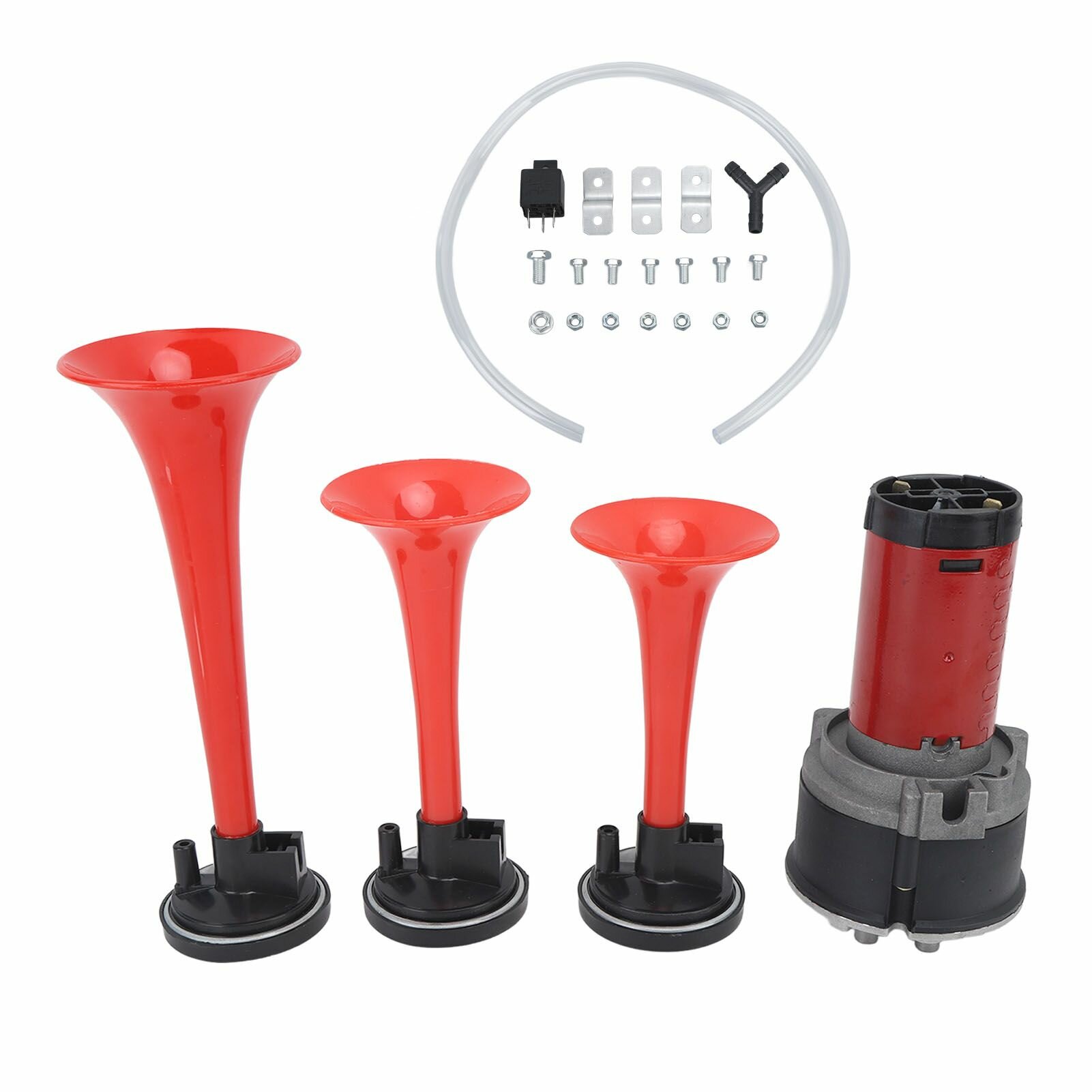 3-ламповый музыкальный рожок 12 В 125 дБ с реле компрессора красного цвета подходит для грузовиков / поездов / лодок /легковых автомобилей