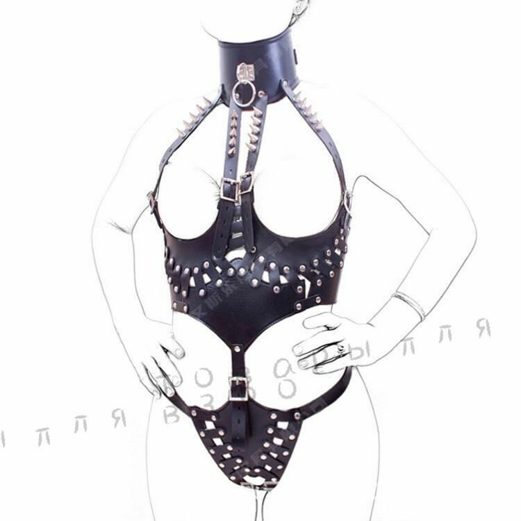 Портупея женская БДСМ с ошейником и шипами. Эротическое боди. Маскарадный костюм