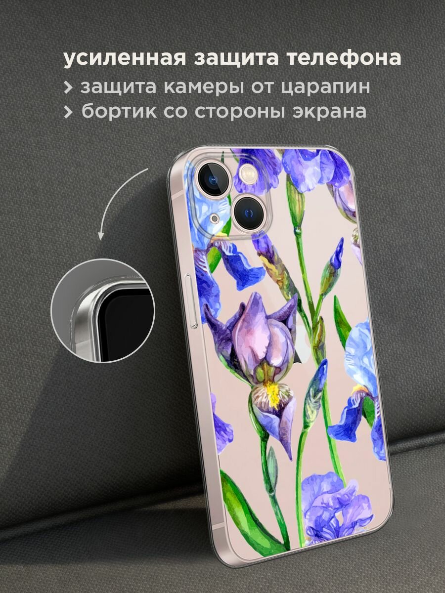 Чехол на Apple iPhone 13 / Айфон 13 с принтом "Синие ирисы", прозрачный — фото 1