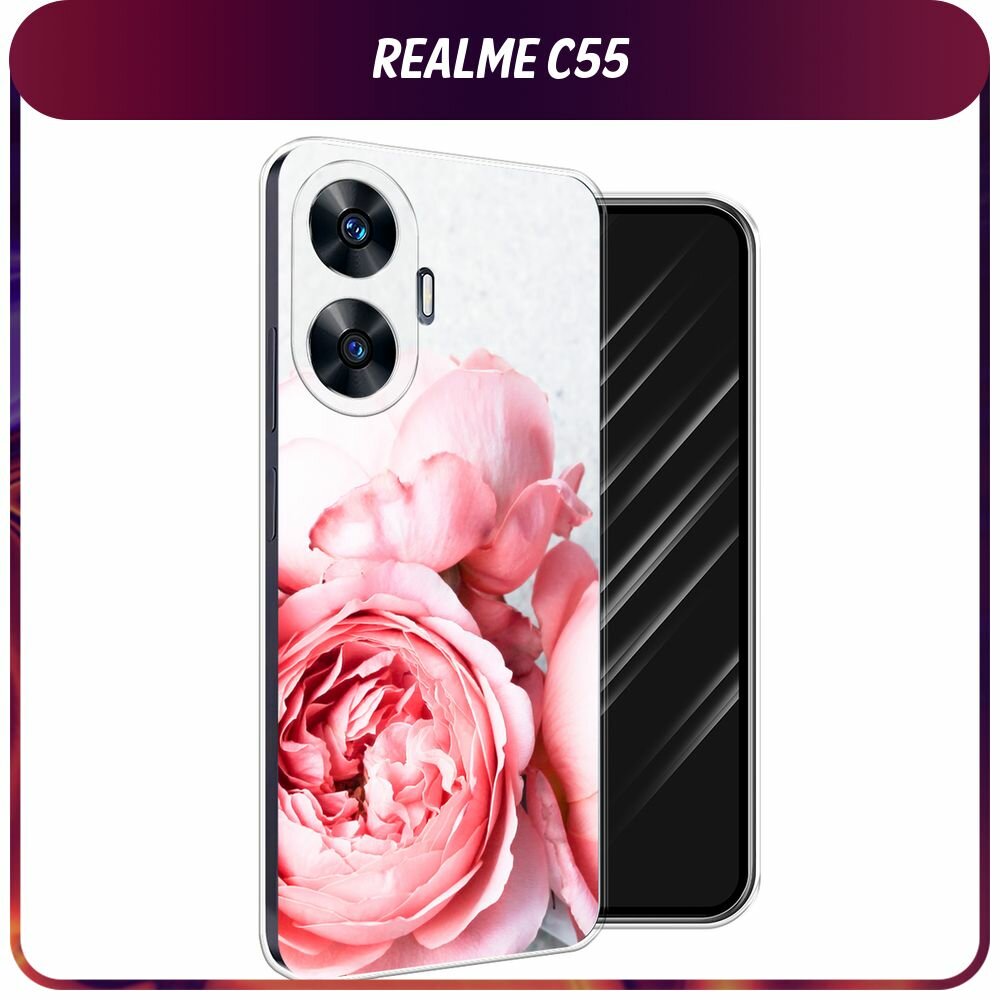 Силиконовый чехол на Realme C55 / Реалми C55 с принтом "Пионы на белом"