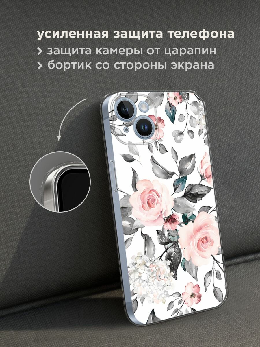 Чехол на Apple iPhone 14 / Айфон 14 с принтом "Розы на белом" — фото 1