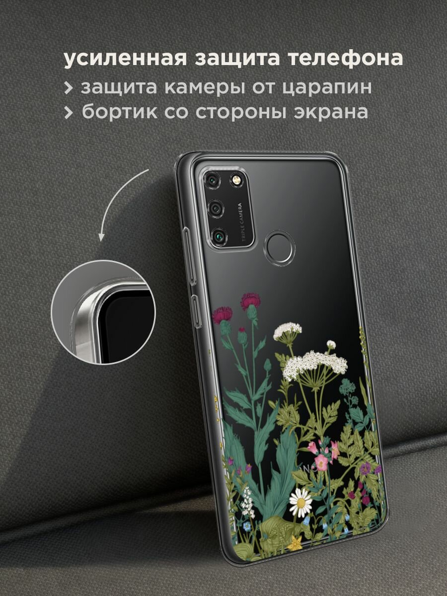 Чехол на Honor 9A / Хонор 9А с принтом "Дикие полевые цветы", прозрачный — фото 1