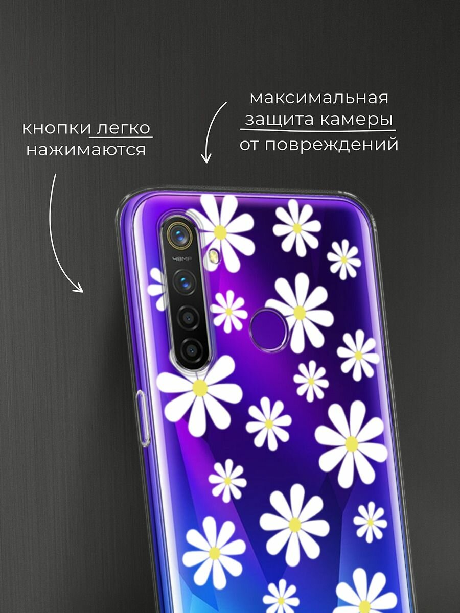 Чехол на Realme 5 Pro / Реалми 5 Про с принтом "Большие ромашки", прозрачный — фото 1