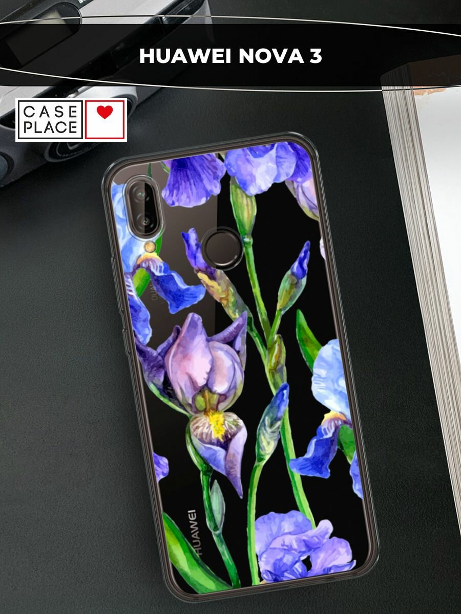 Чехол на Huawei Nova 3 / Хуавей Нова 3 с принтом "Синие ирисы", прозрачный