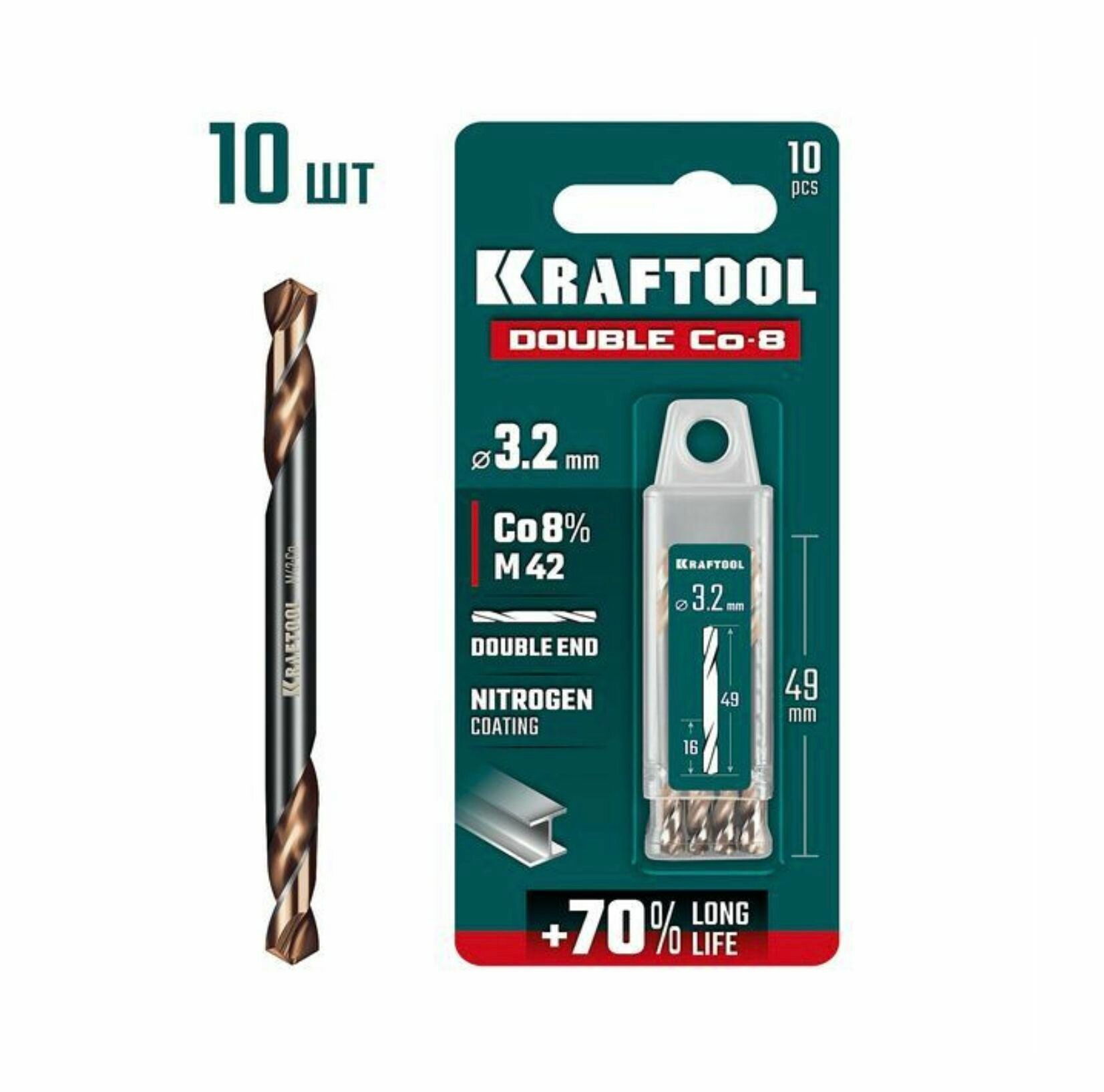 Сверло двухстороннее по металлу класс А, 3.2 х 49 мм KRAFTOOL 10 шт
