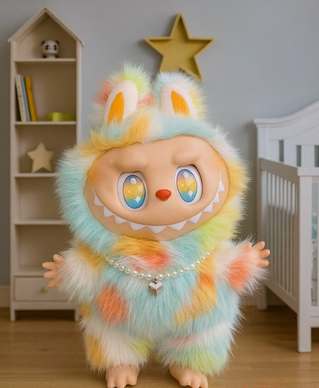 Большая мягкая игрушка коллекционная лабубу LABUBU Радужный зимомо 38 см в подарочной коробке