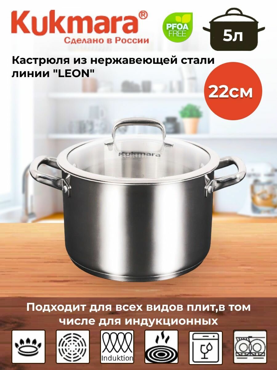 Кастрюля линии "LEON" 5л, д.22см, со стекл. крышкой