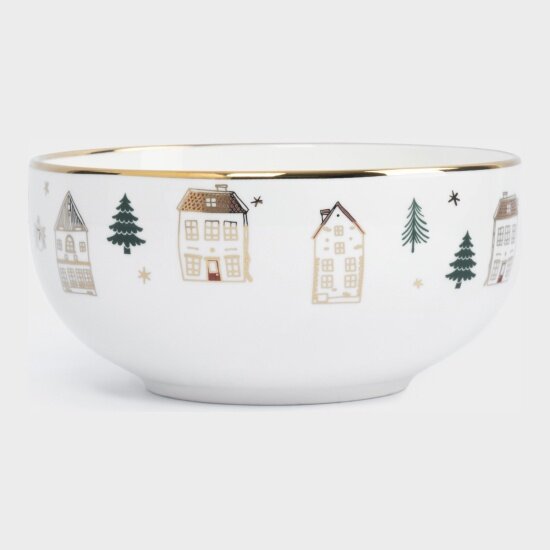 Пиала Anna Lafarg Townlet Домики и ели 14 см, фарфор, бело-золотистый (ANLAF-EL2401-3)