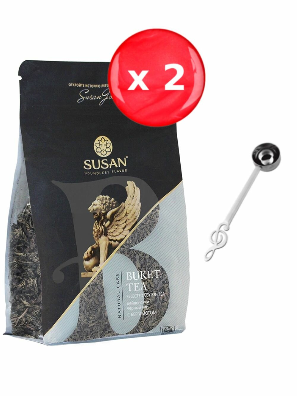 Чай черный Susan Buket цейлонский крупнолистовой с маслом бергамота 400 г х 2 шт + ложка