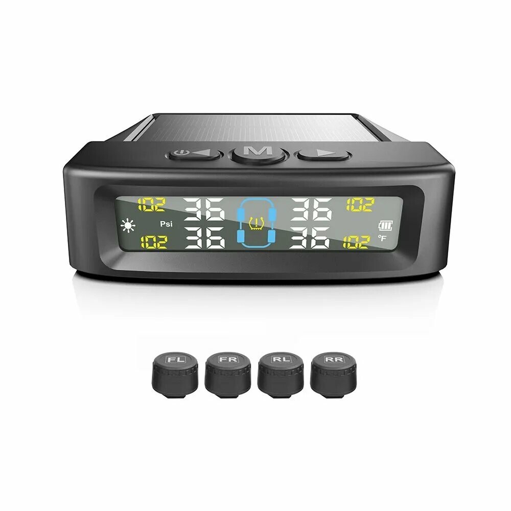 TPMS Система контроля, давления в шинах Солнечная автомобильная сигнализация Пресс-сигнал, ЖК-дисплей Предупреждение о температуре, с 4 внешними датчиками