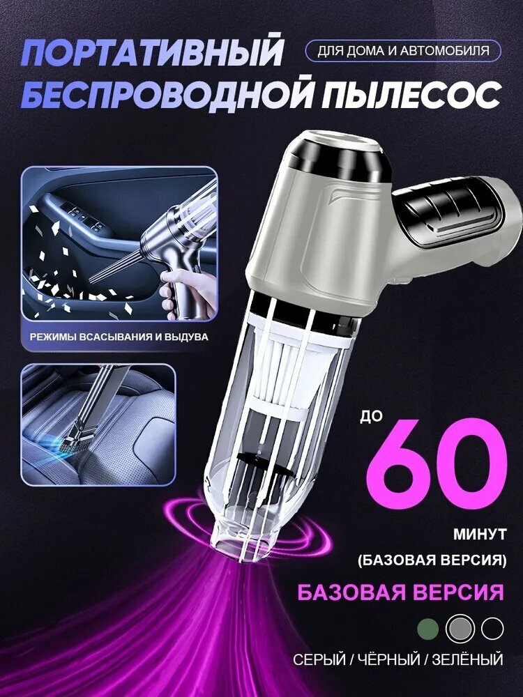 95000pa сильное всасывание для чистки автомобиля беспроводной портативный пылесос двойного назначения мини ручной бытовой настольный, светло-серый, Базовая версия