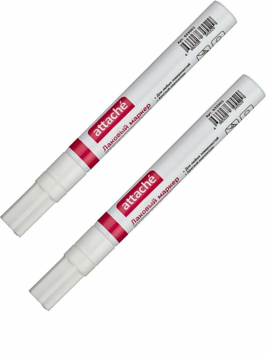Маркер-краска Attache лаковый 2-4 мм, круглый наконечник, алюминиевый корпус, белый (2шт)