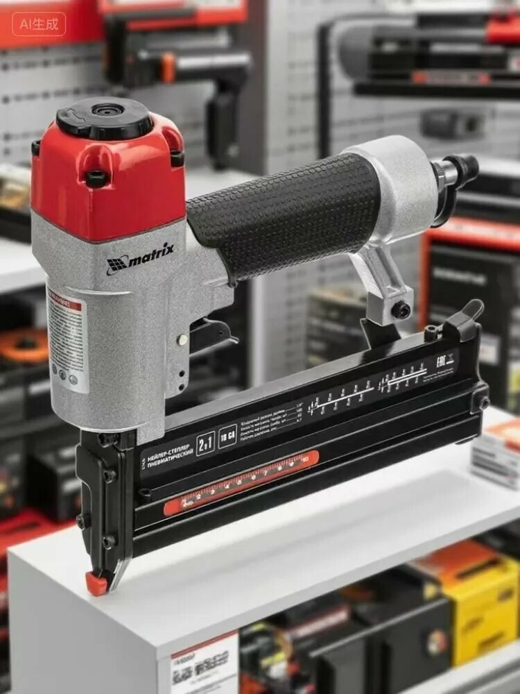 Нейлер пневматический MATRIX 2 в 1, скобы 18GA и гвозди 18GA, предохранитель от случайного срабатывания, 2 имбусовых ключа и масленка в комплекте, степлер строительный пневматический