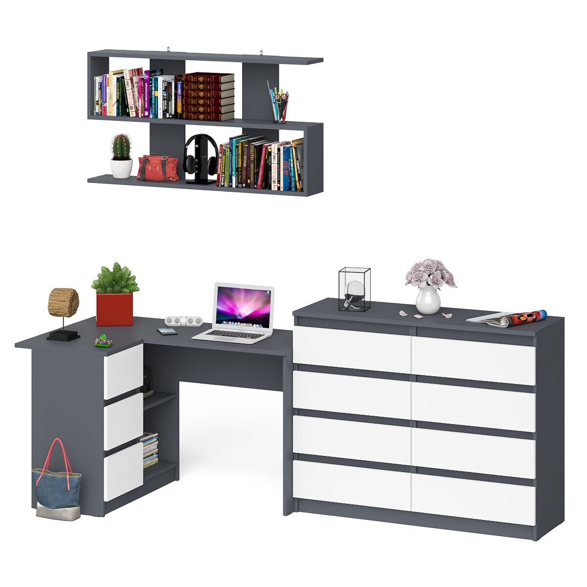 Книжная полка Мори 1200 с комодом 1200.8 и компьютерным столом МС-16 левым, графит/белый, 244,8х84,9х209,6 см.