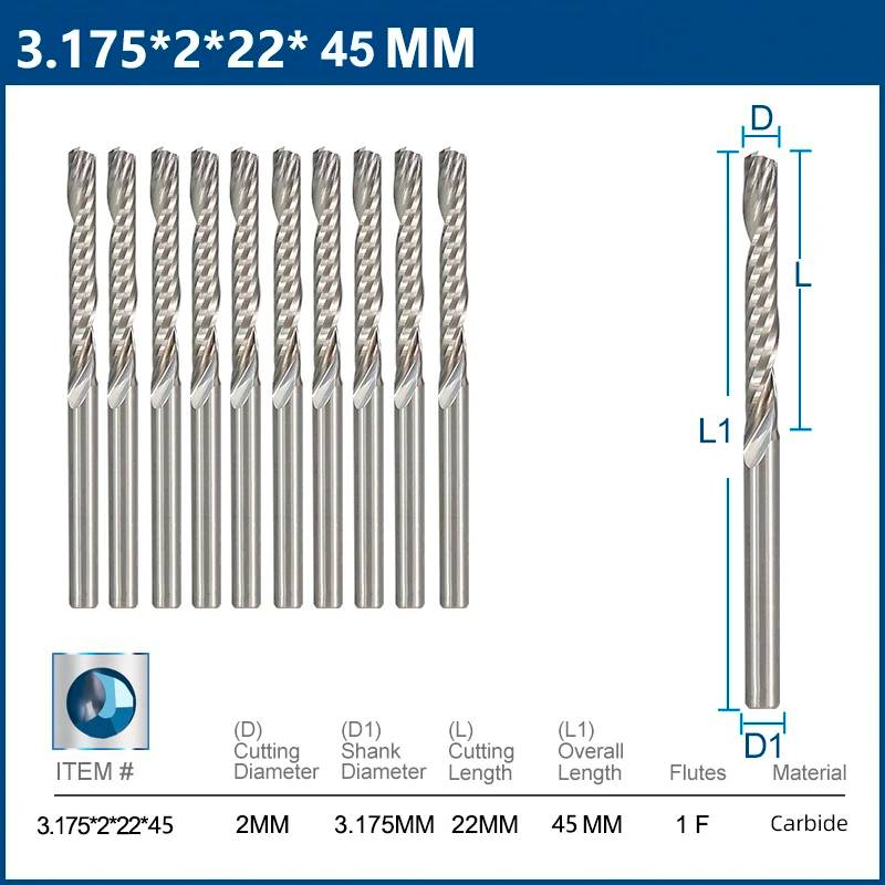 Набор фрез спиральных однозаходных XCAN, 3.175х2х22х45мм, 10шт.