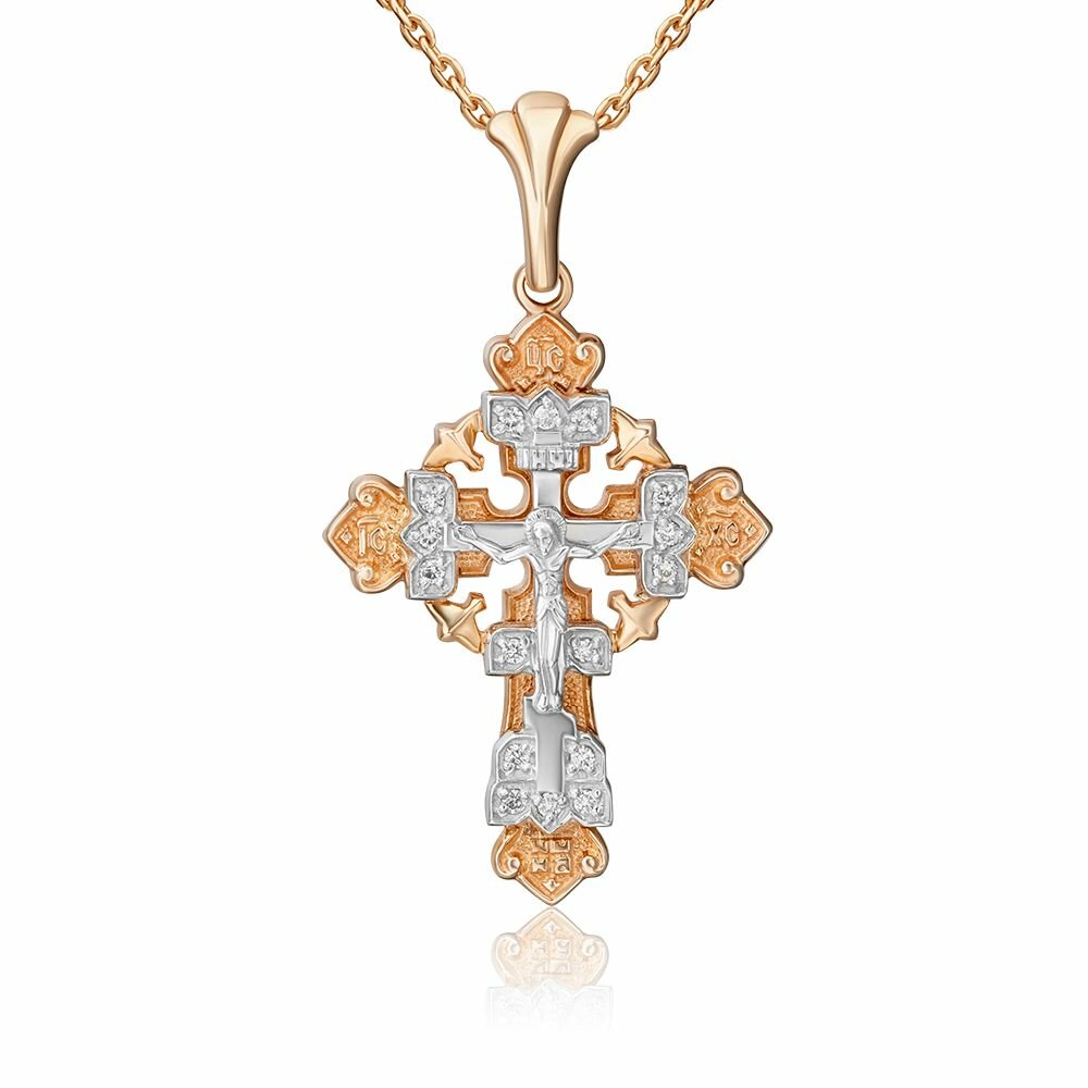 Крестик, комбинированное золото, 585 проба, родирование, бриллиант