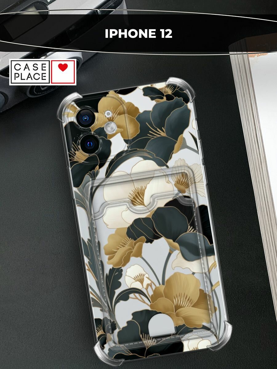Чехол на Apple iPhone 12 (Айфон 12) с картой и принтом Золотые цветы