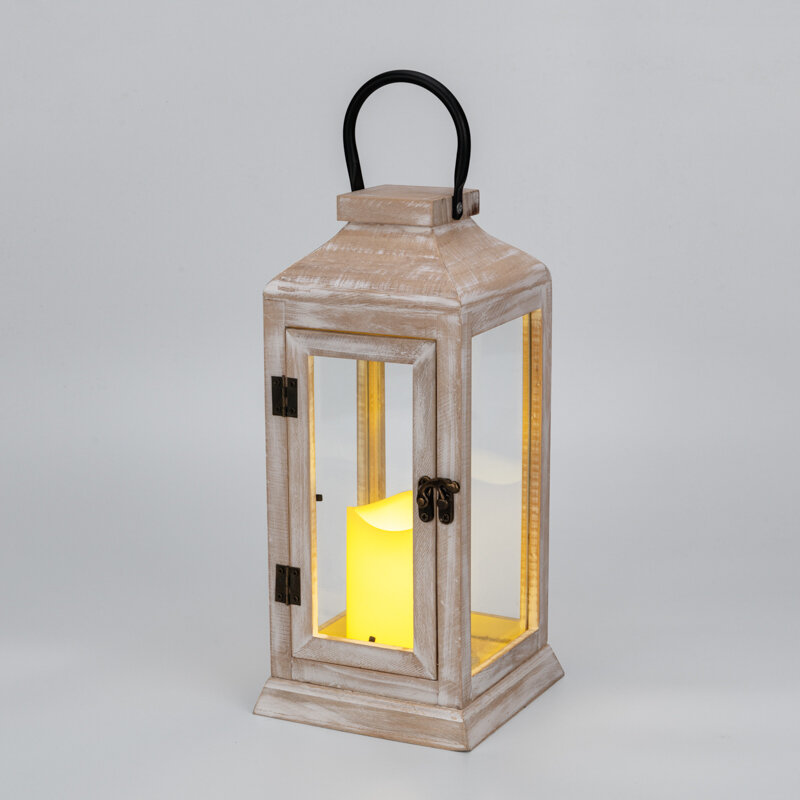 Лампы светодиодные Neon-Night Фонарь декоративный со свечкой, корпус из дерева, бежевый, 15х15х38cм, теплый белый NEON-NIGHT