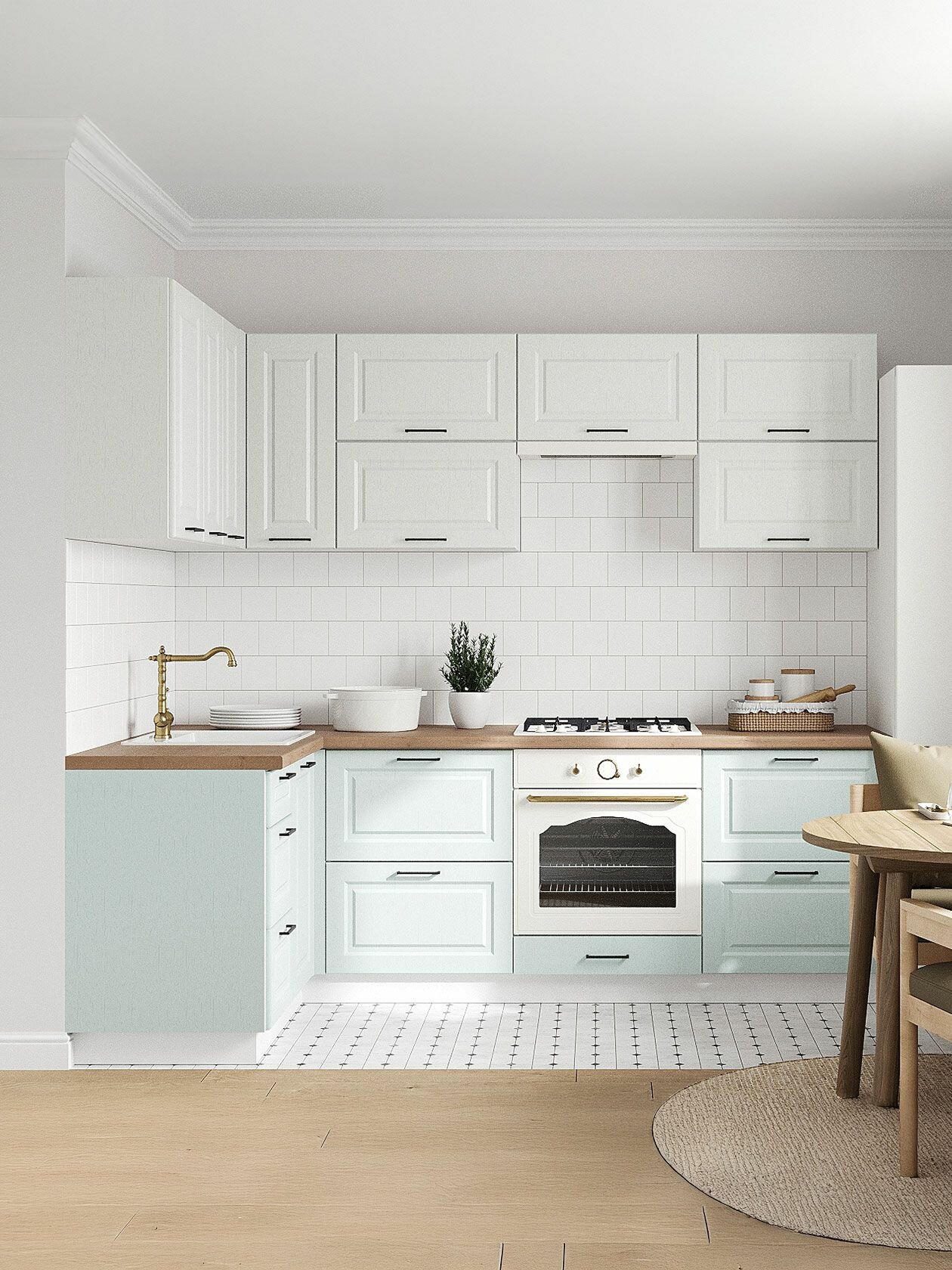 Кухонный гарнитур угловой Шервуд 2.4х1.4 м, мебель для дома и кухни, Белый / Арктик / Деним голубой