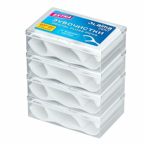 Зубочистки флоссеры с зубной нитью "200шт(4х50шт)+20 в Подарок!" в боксе, LAIMA DENT, 609406