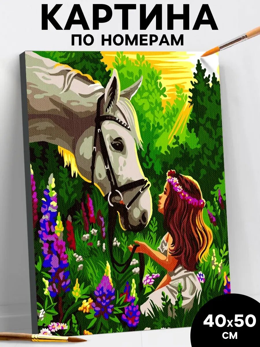 Картина по номерам Школа талантов «Лошадка и девочка в поле» 40х50 см, на холсте с подрамником