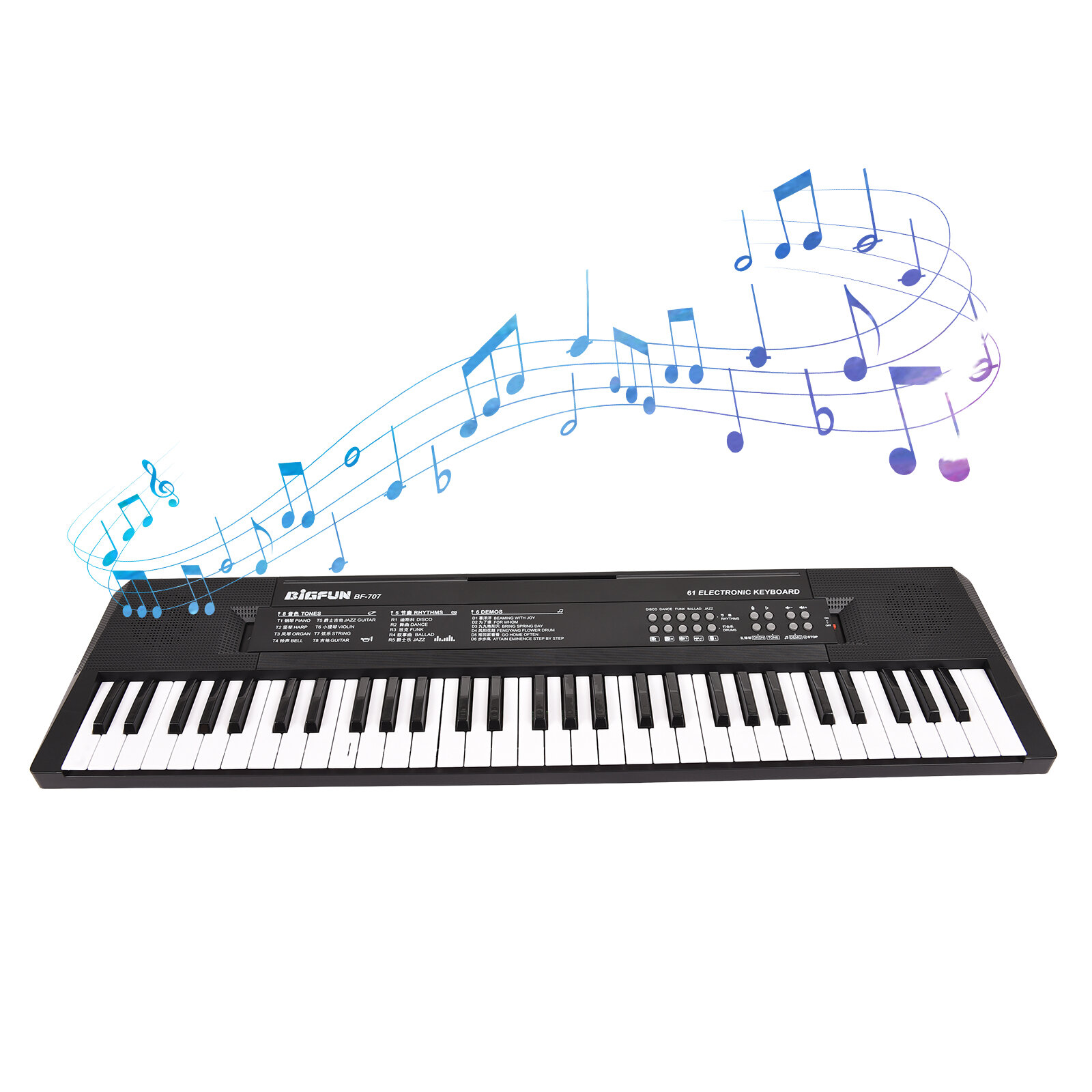 BIGFUN 61 Key Electronic Keyboard Piano Black ABS 71*17.5*4.8cm Dual Speakers 8 Tones 5 Rhythms 5 Drums Percussions 6 Demos Microphone Type-C USB 3*AA Battery Portable Musical Instrument for Beginners