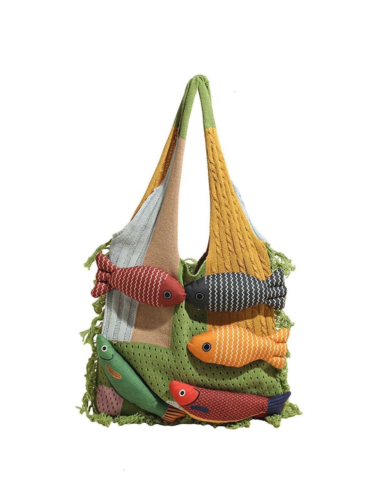 Модная вязаная сумка большого размера в стиле пэчворк с рисунком рыбы, универсальная сумка для ежедневного использования, ноутбука, книг, косметики, практичная конструкция из полиэстера