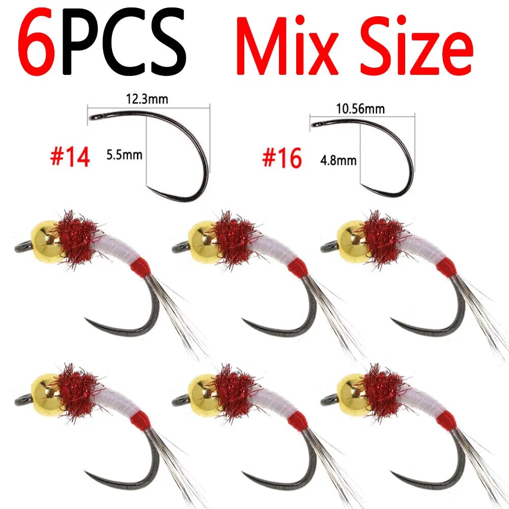 Bimoo 6 шт, изогнутая влажная нимфа, латунная головка 6pcs Mix Size