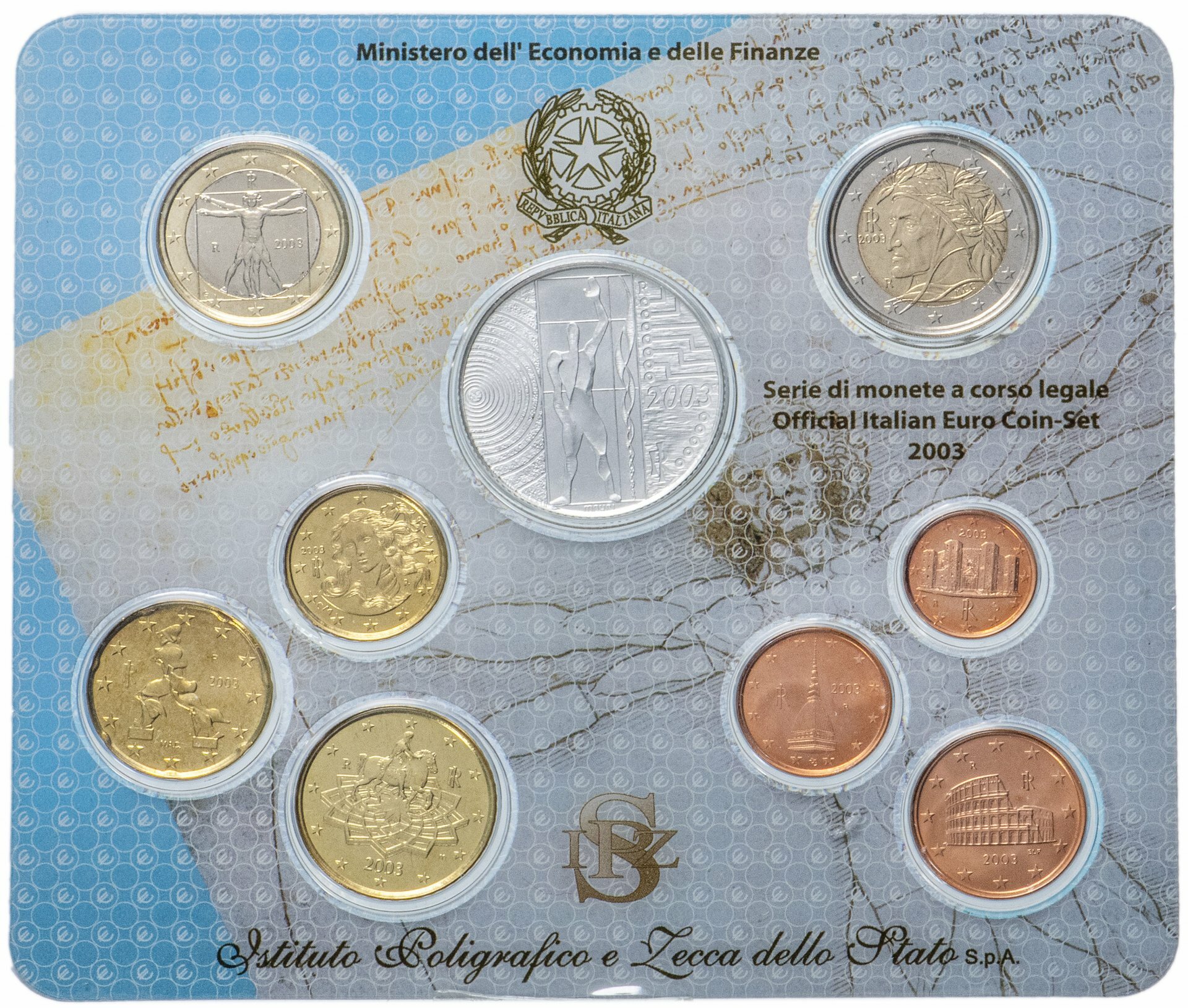 Италия 2003 официальный годовой набор евро из 9 монет с серебряной монетой 5 евро в буклете "Европа труда", Биметалл, нордик, сталь с медным покрытием