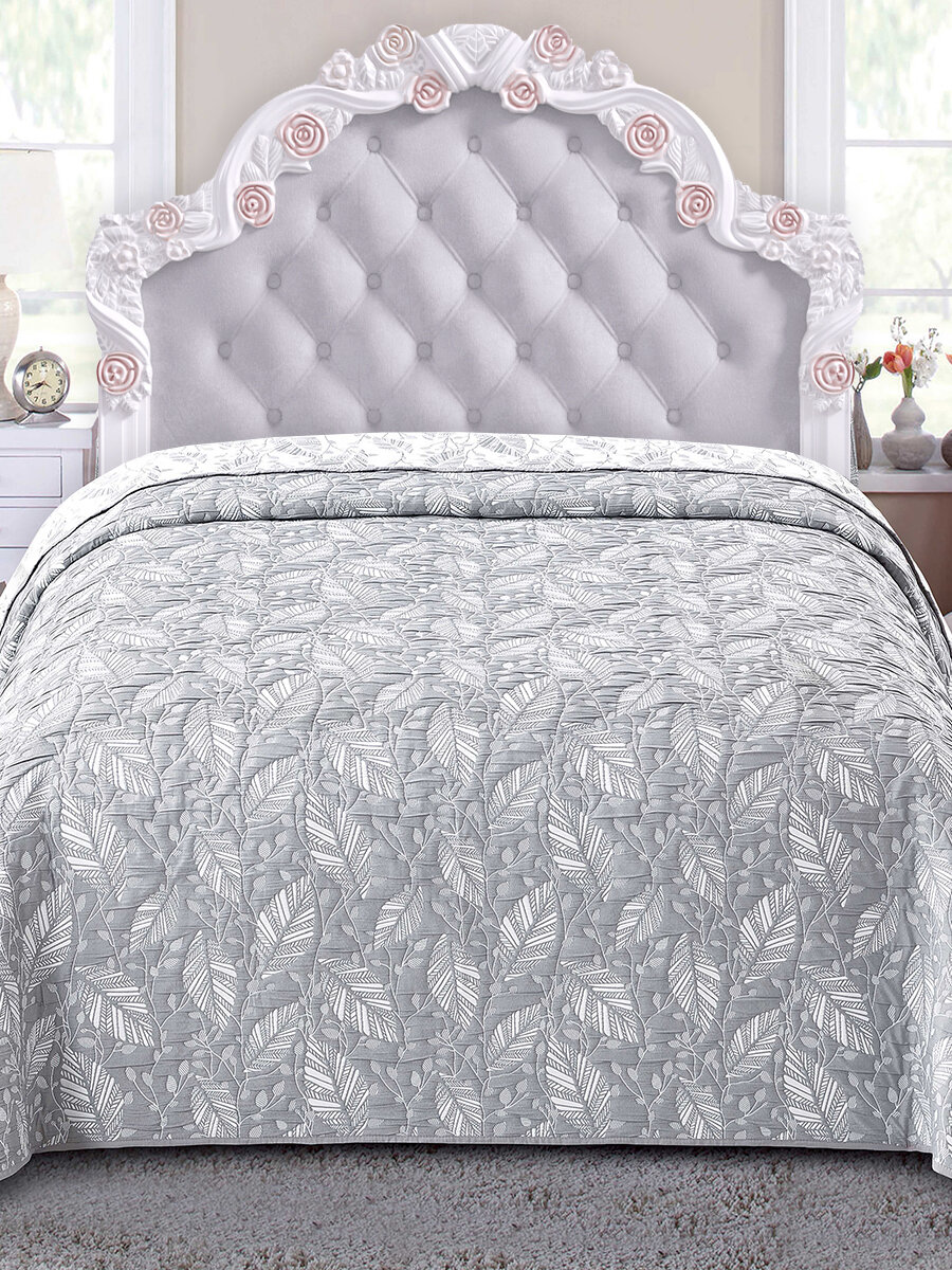 Покрывало Theodora Листья, стеганое, хлопок/полиэстер, 240x260 см, цвет серый