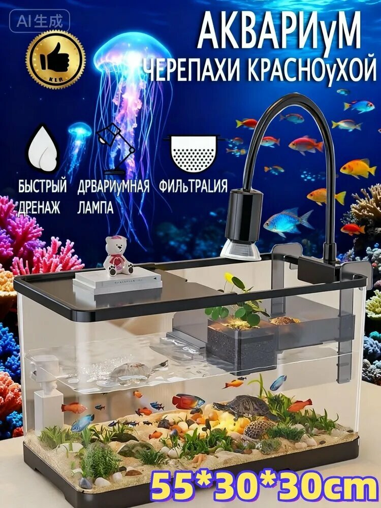 Аквариум для красноухой черепахи 47 л, 55 30 30 см, с фильтром и УФ-лампой, белый корпус