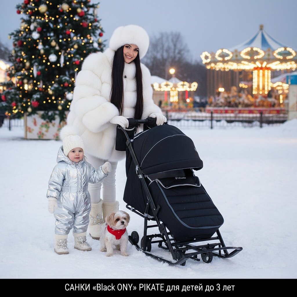 Санки коляска зимние с рождения, на колесах Pikate "Black ONYX" 2025. г. NEW