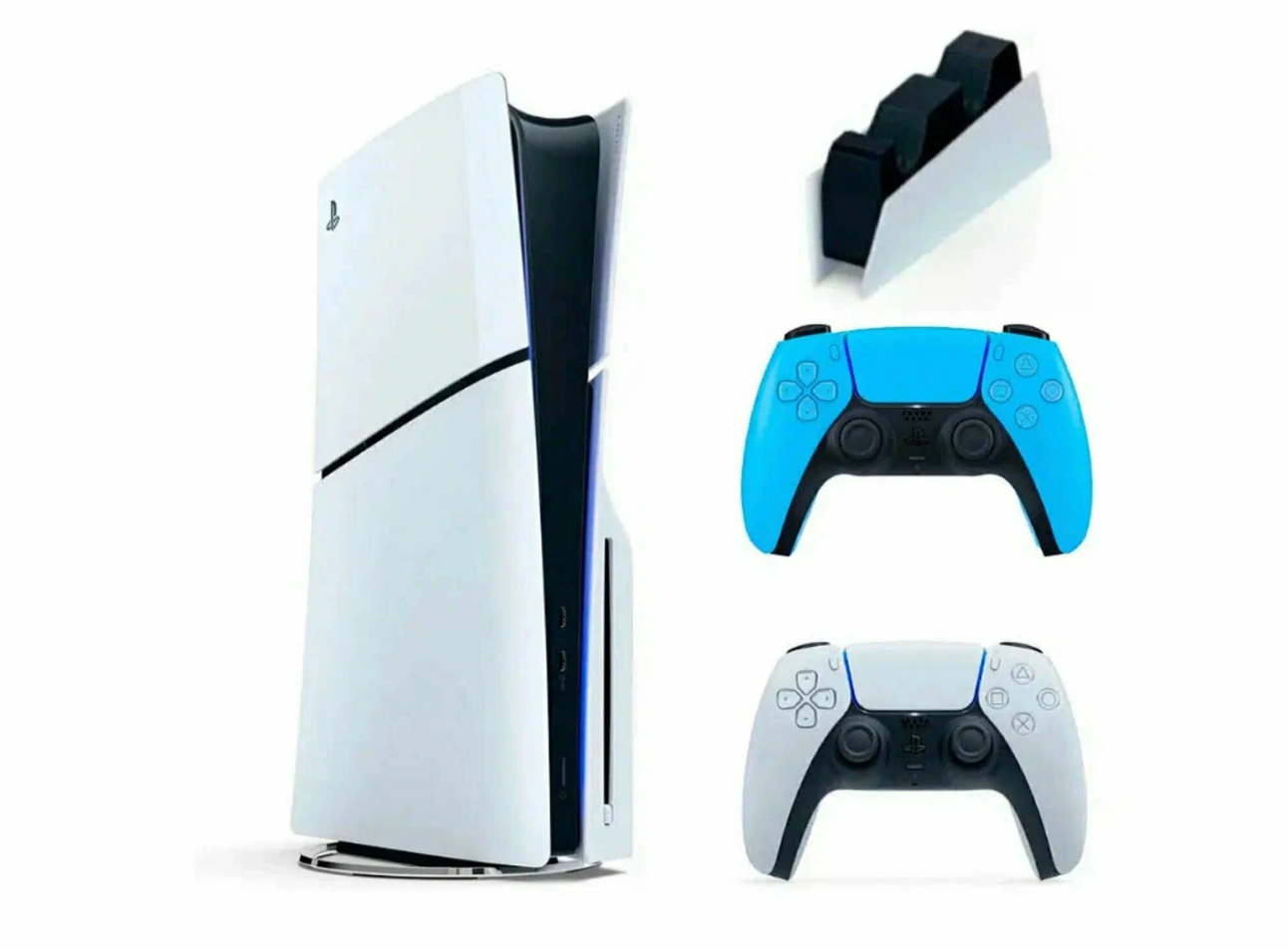 Игровая приставка Sony PlayStation 5 PS5 Slim , (с дисководом), 1000 ГБ SSD, без игр, белый (+1 голубой геймпад, зарядная станция)