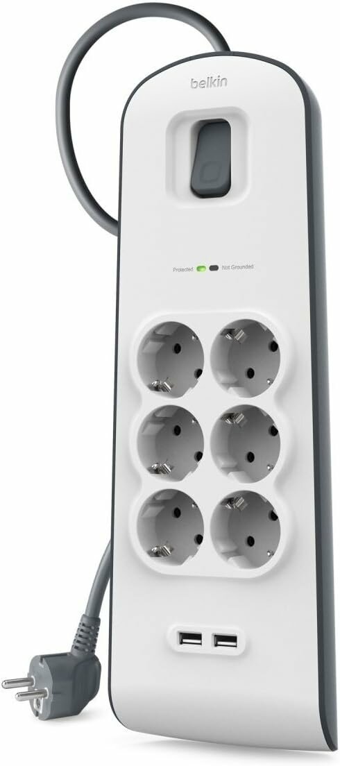 Удлинитель сетевой Belkin BSV604vf2M 6хТип F 2xUSB-A 2.4A 16А с защитой от перенапряжения 2м