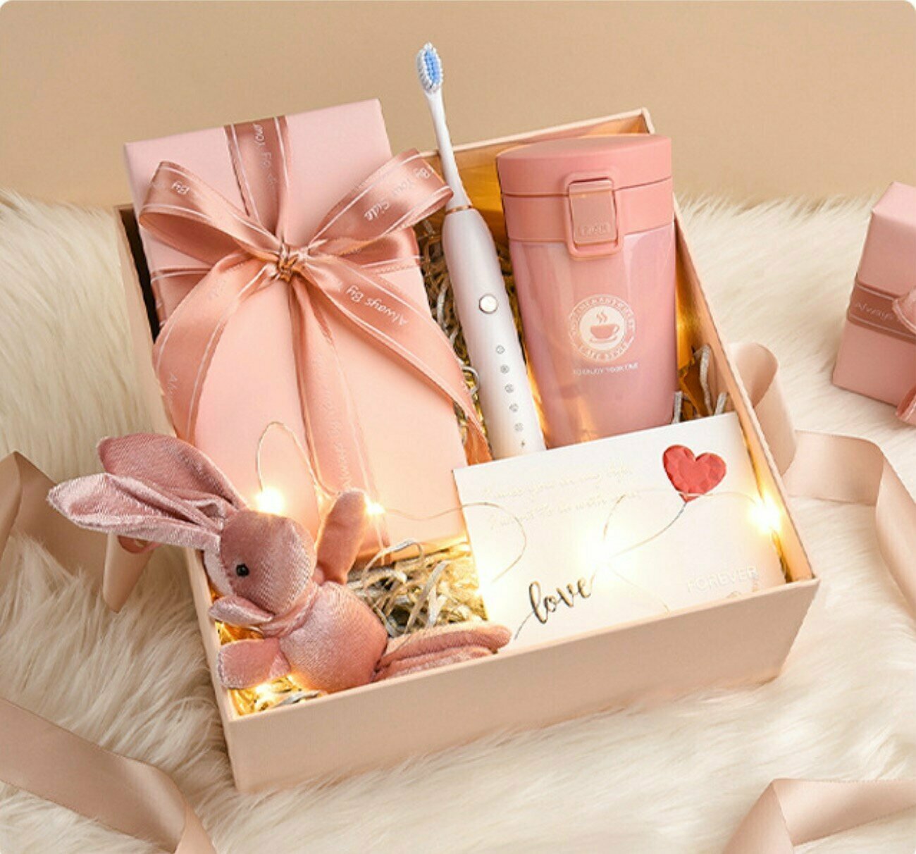 Подарочный набор MyPads M154-163 с ультразвуковой зубной щеткой, термосом, кроликом (символ 2023 года) красивый романтический подарок дочке девочк.